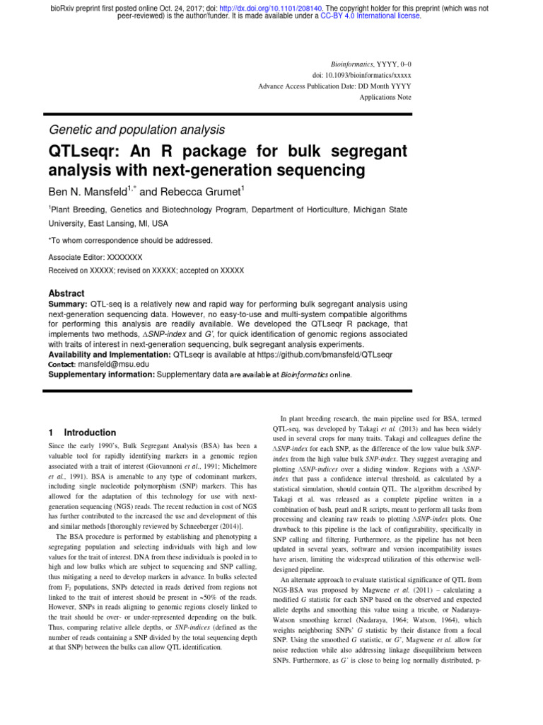 QTLseqr - An R Package For Bulk Segregant Analysis With NGS Data | PDF ... QTLseqr - An R Package For Bulk Segregant Analysis With NGS Data | PDF ...