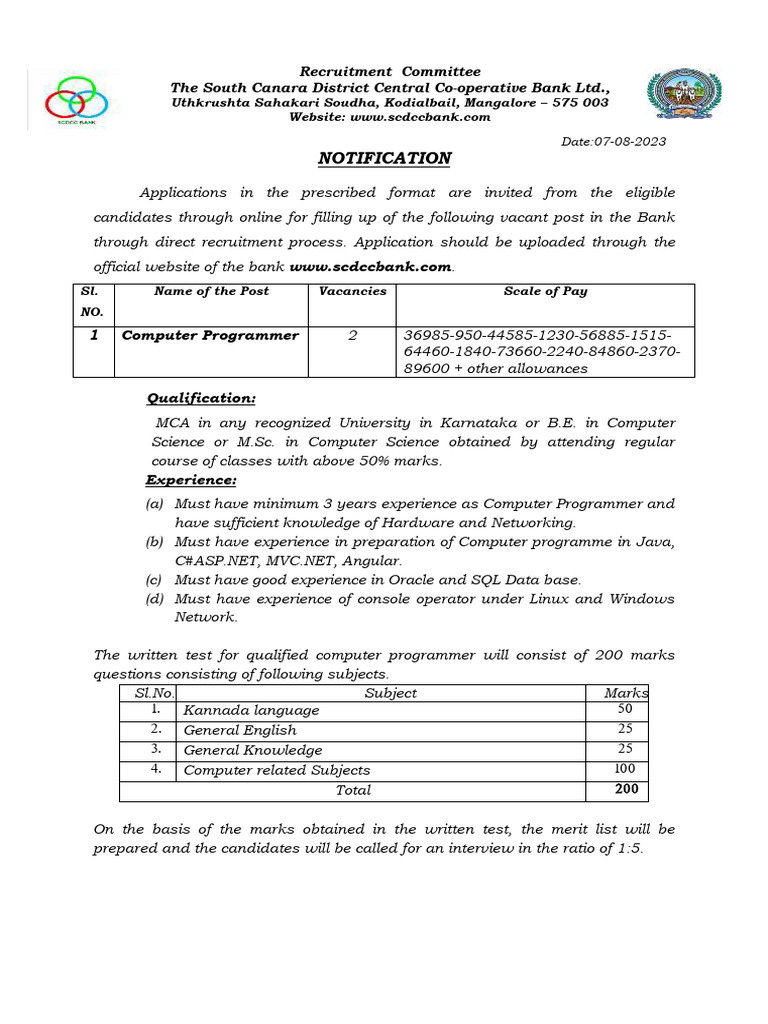 Notification SCDCC Bank Various Vacancy Posts | PDF | Academic Degree