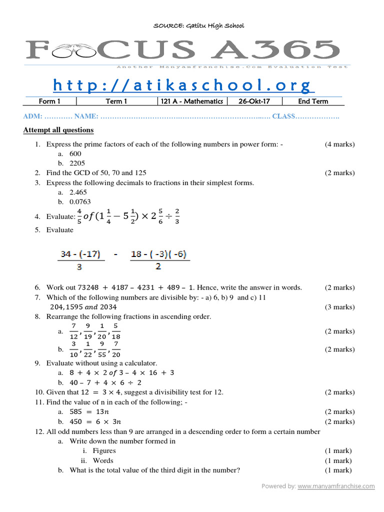 Mathematics Form 1 Term 1-006 | PDF | Arithmetic | Mathematics