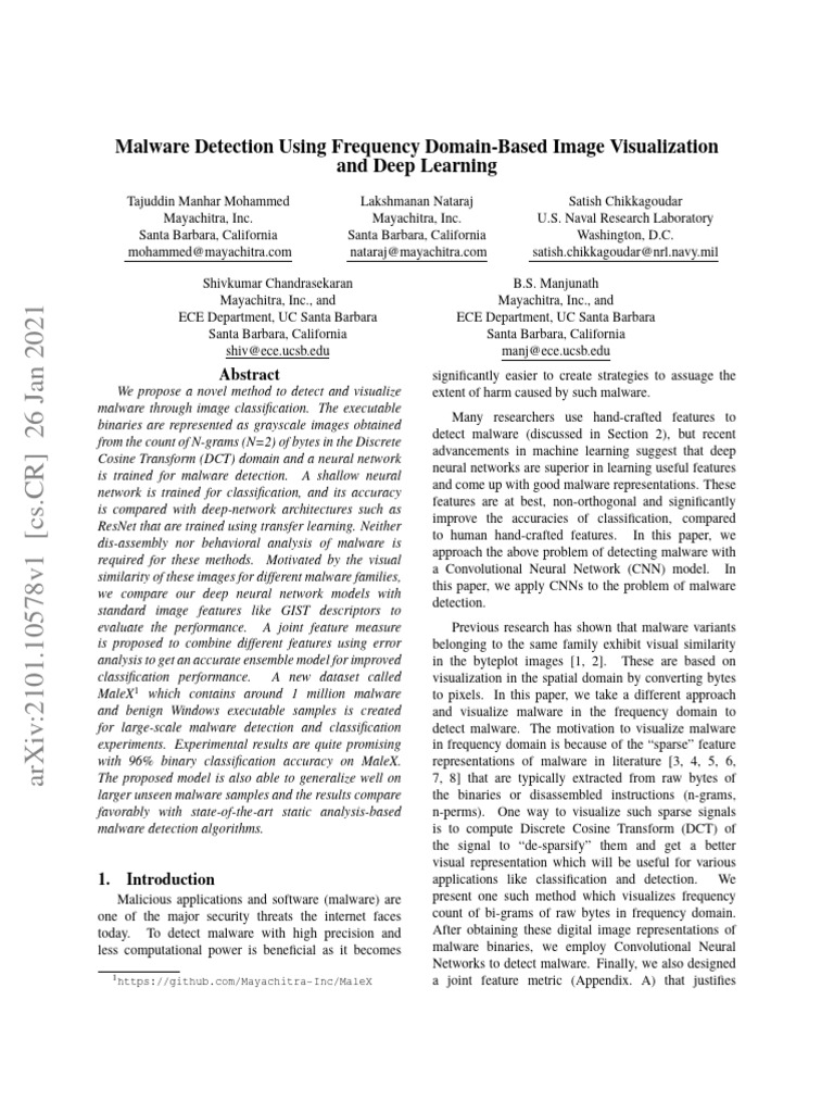 Malware Detection Using Frequency Domain Based Image Visualization And Deep Learning Pdf