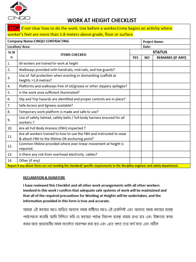 Work at Height Checklist | PDF | Safety | Occupational Safety And Health