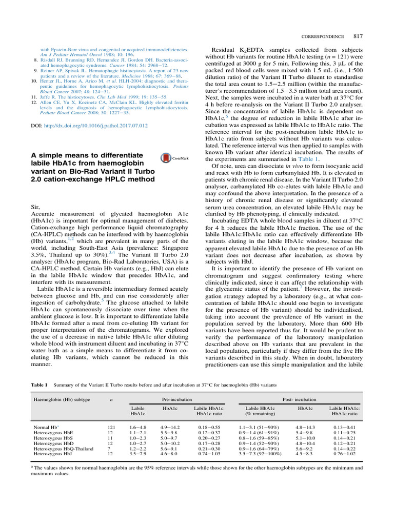 Differentiating Labile HbA1c from Variants | PDF | Glycated Hemoglobin ...