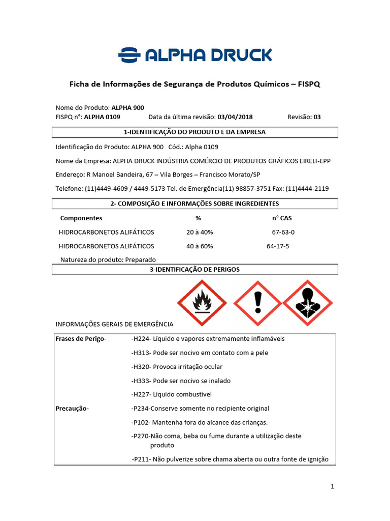 FISPQ do Produto ALPHA 900 | PDF | Calor | Primeiros socorros