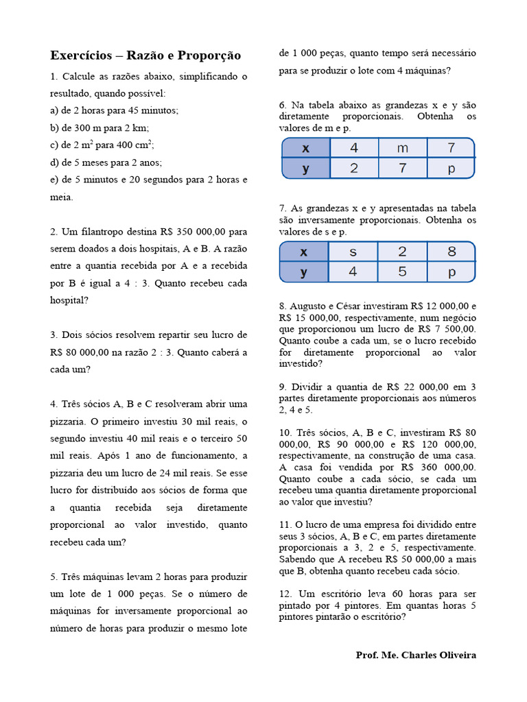 Exercícios - Razao e Proporção | PDF Exercícios - Razao e Proporção | PDF