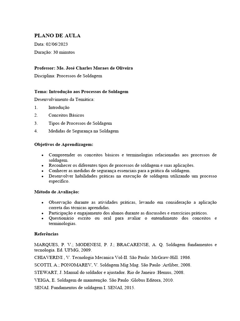 PLANO DE AULA - IFPA - Processos de Soldagem | PDF