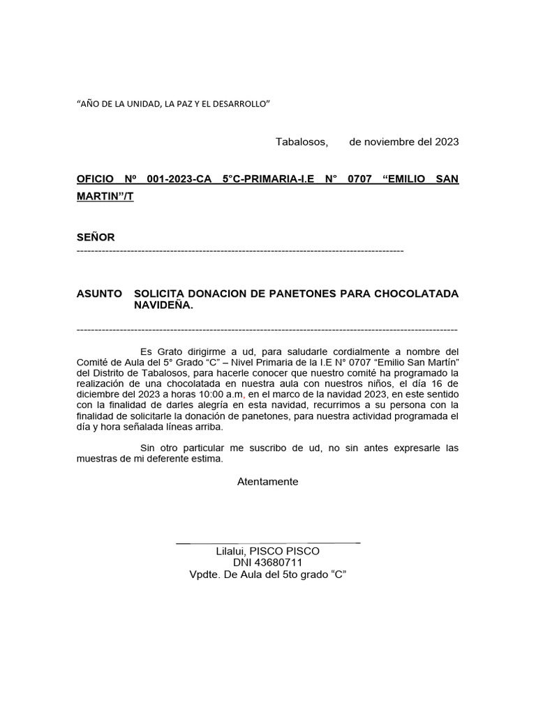 Oficio Solicito Panetones 2023 | PDF