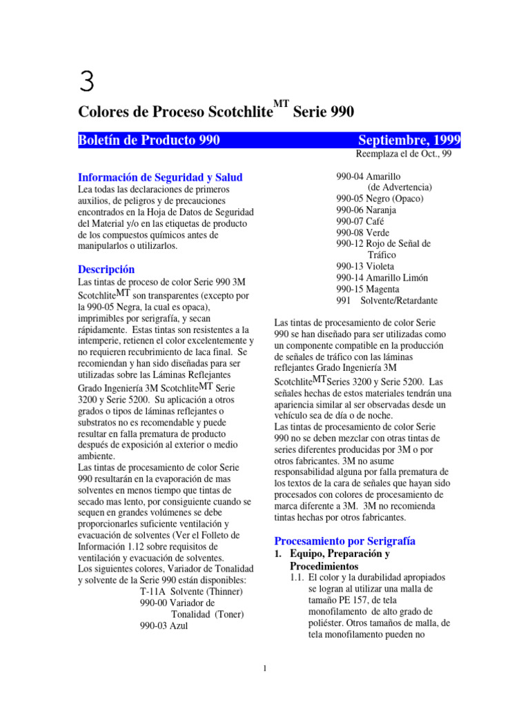 Tintas de Proceso Scotchlite Serie 990 | PDF | Color | Diseño gráfico