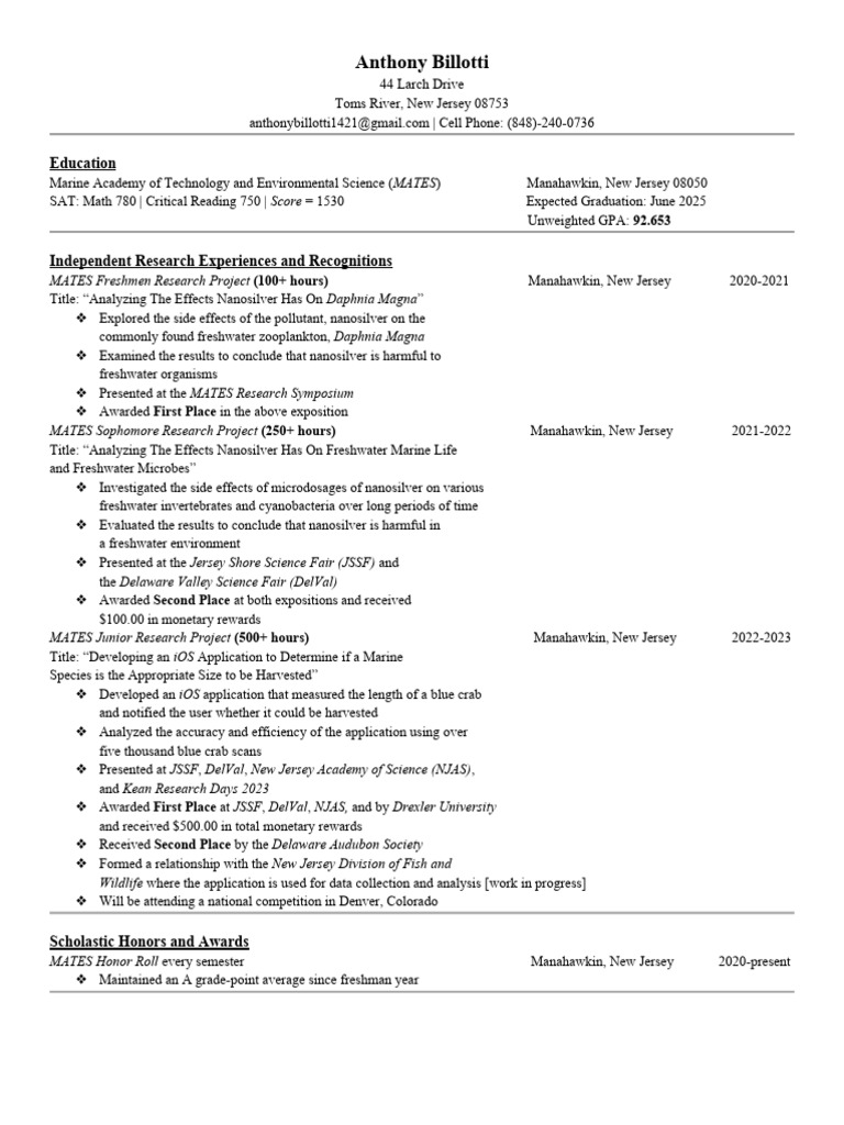 College Resume Rough Draft - Anthony Billotti | PDF