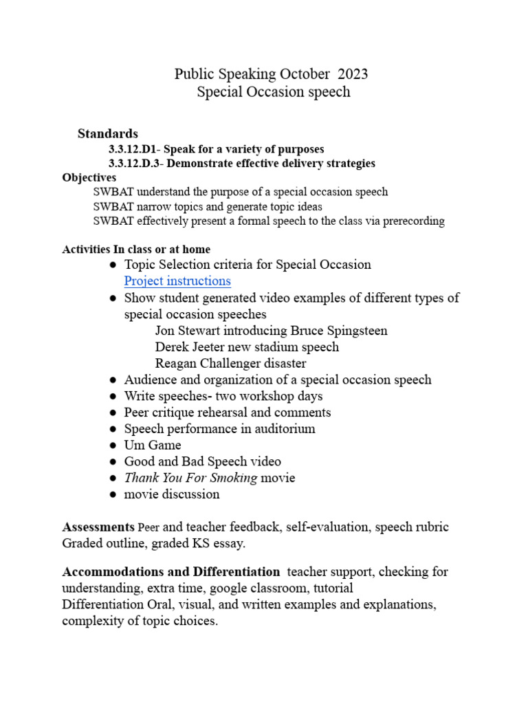 Public Speaking Special Occasion Speech 2023 | PDF