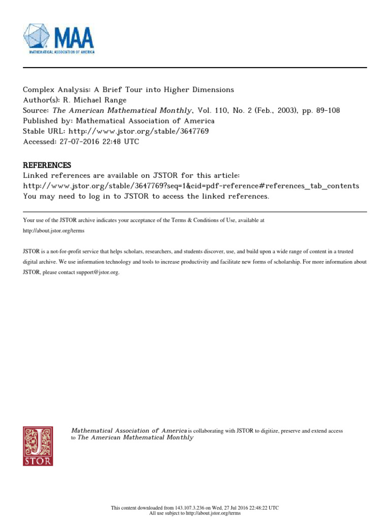 Range, R. M. Complex Analysis - A Brief TOur Into Higher Dimensions. | PDF