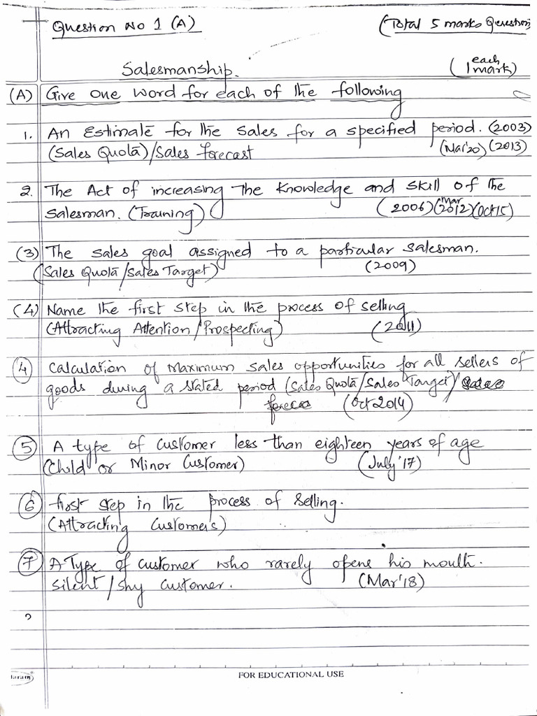 Marketing and Salesmanship Question Paper | PDF
