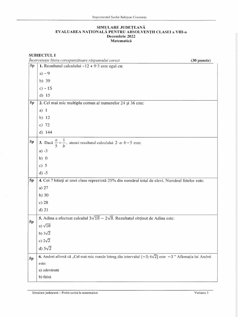 ISJ Constanta - Simulare EN 2023 - Decembrie 2022 - Matematica - Varianta 3 - Subiect (2) | PDF