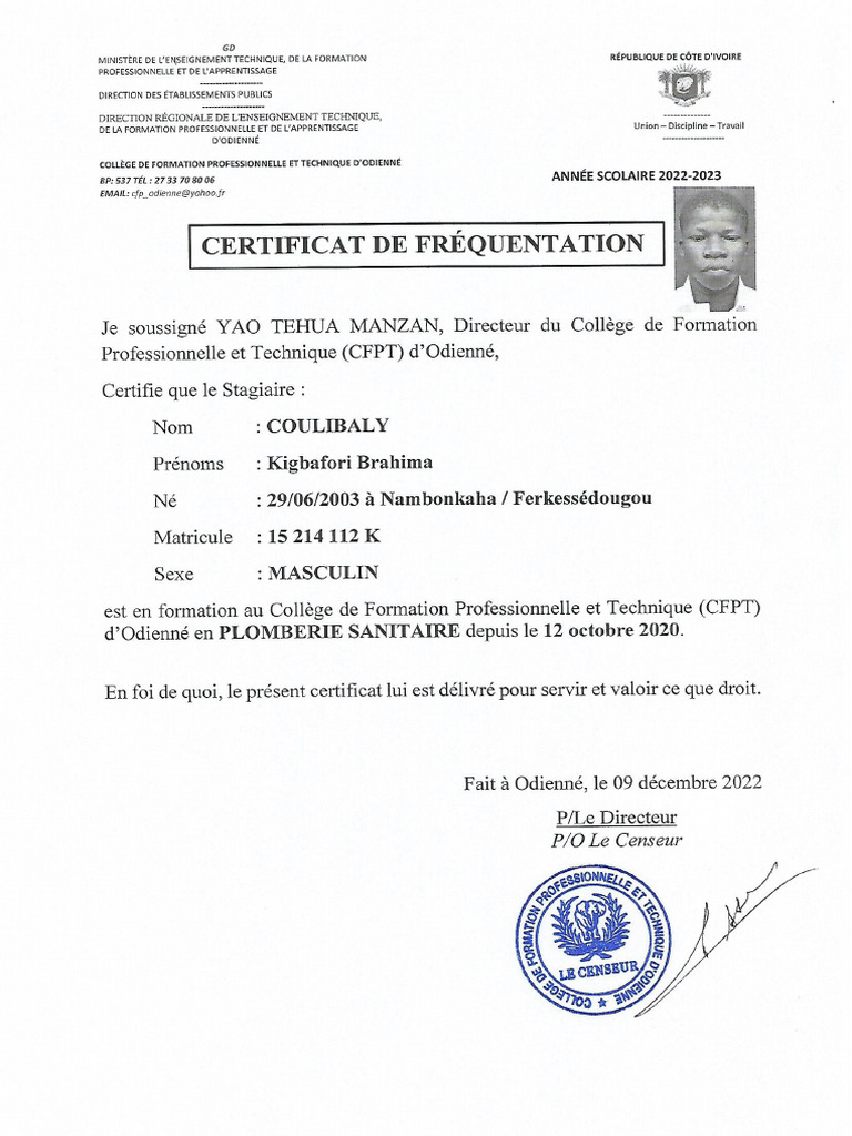 Certificat de Fréquentation | PDF