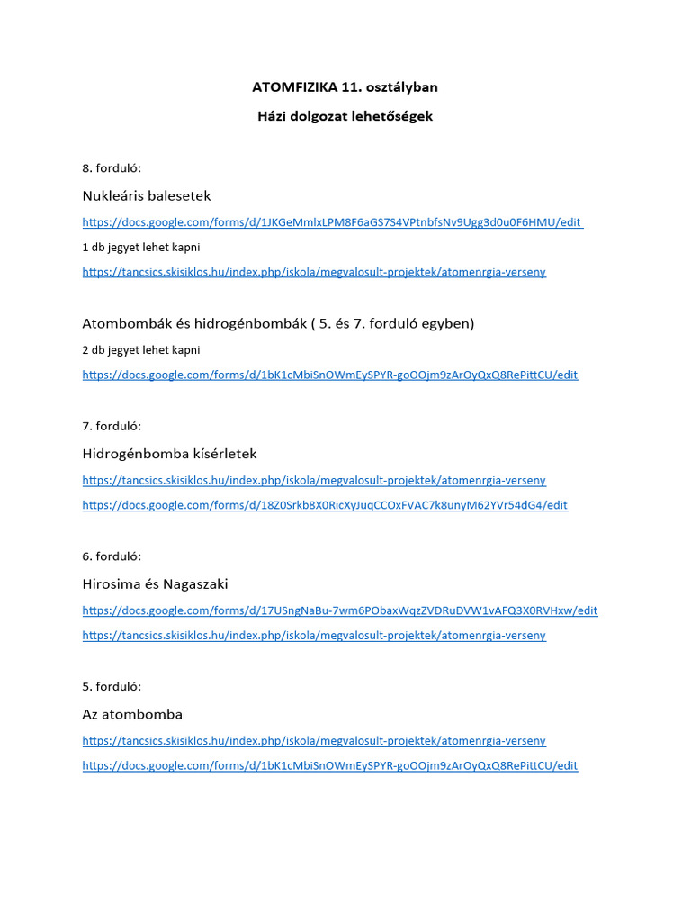 ATOMFIZIKA Házi Dolgozat Lehetőségek | PDF