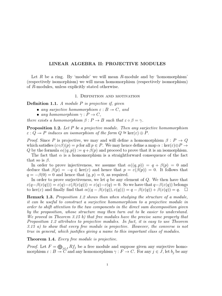 Projective Modules in Algebra | PDF | Module (Mathematics) | Ring Theory