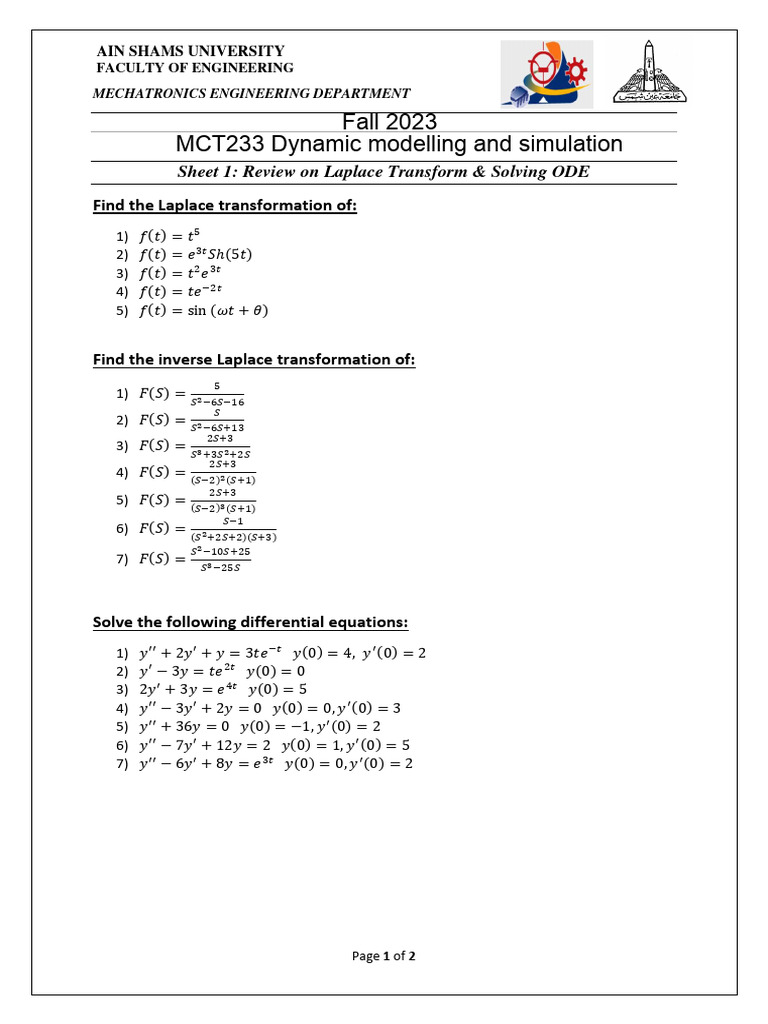 Sheet 1 Dynamic Modelling | PDF | Laplace Transform | Ordinary ... Sheet 1 Dynamic Modelling | PDF | Laplace Transform | Ordinary ...