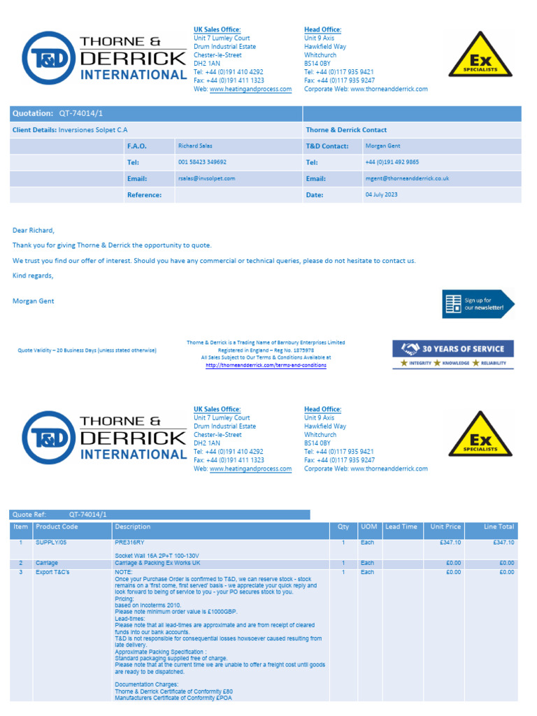 Thorne and Derrick Quote UK1147677500 | PDF