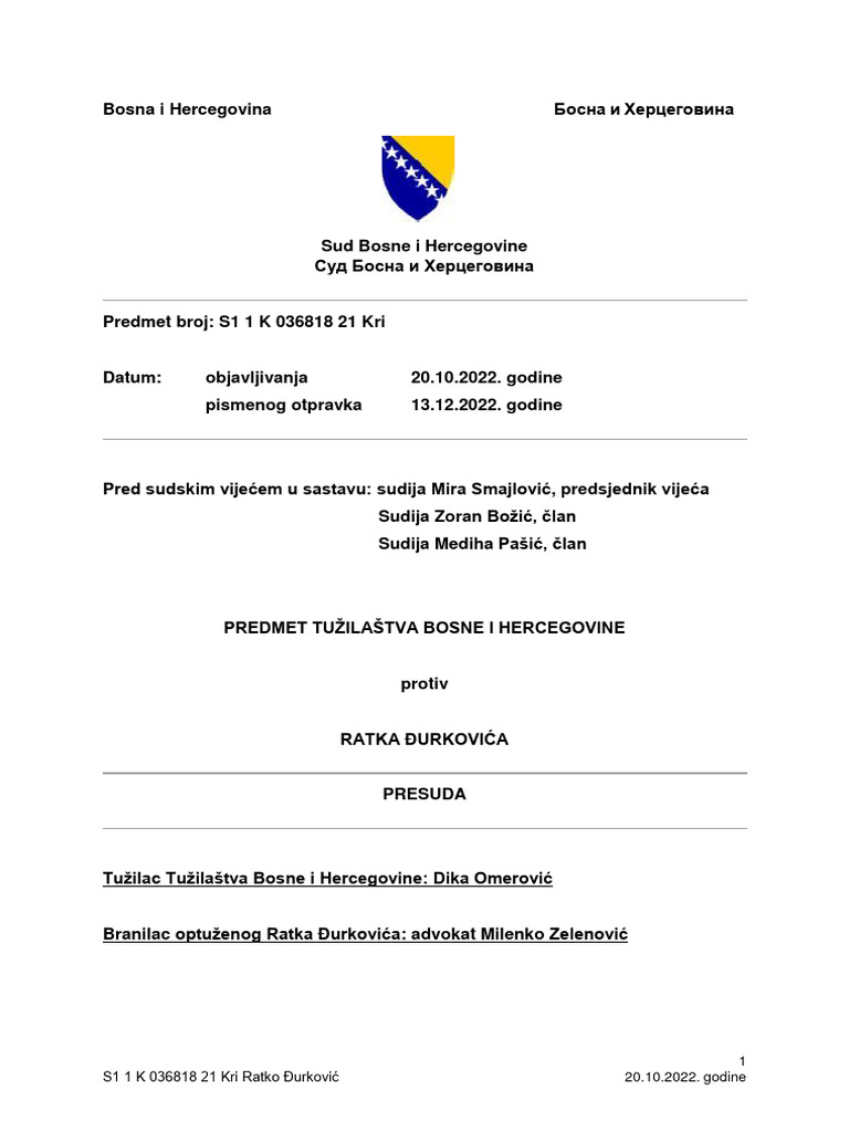 Prvostepena Presuda - Ratko Đurković - A | PDF