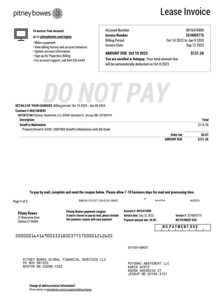 10-10-2023 Pitney Bowes $121.26 | PDF | Payments | Invoice