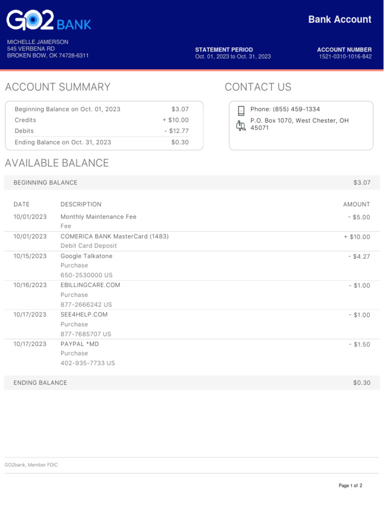 GO2bank Statement October 31, 2023 | PDF | Banks | Credit Card