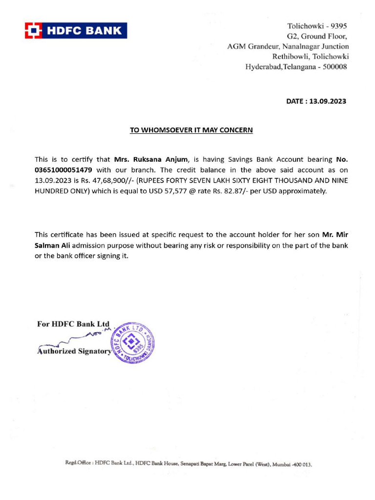 Bank Balance Certificate & Affidavit of Support - Mir Salman Ali | PDF