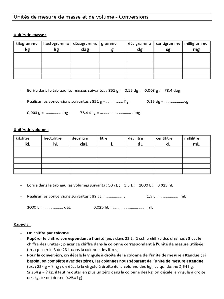 Unités et conversions de masse et volume | PDF
