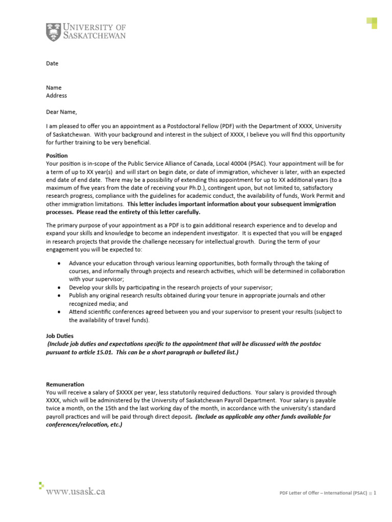 Postdoc Letter of Offer International in Scope Updated March 2023 | PDF ...