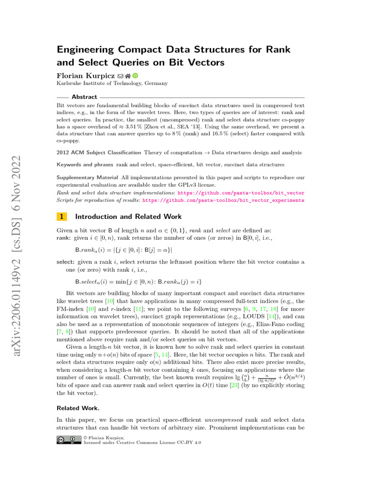 Engineering Compact Data Structures For Rank and Select Queries On Bit Vectors | PDF | Cpu Cache ...