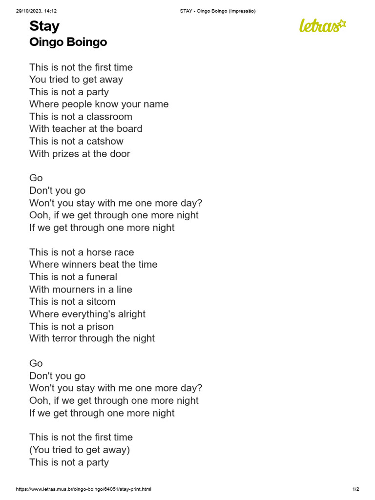 Letra da música "Stay" - Oingo Boingo | PDF