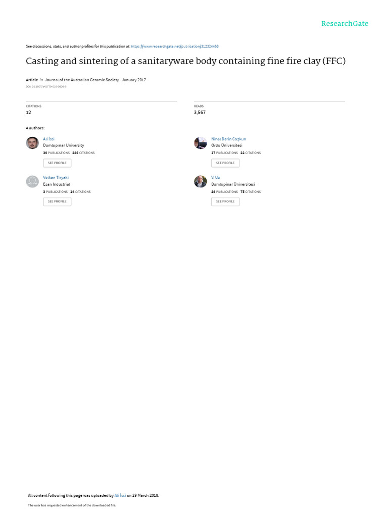 Casting and Sintering of A Sanitaryware Body Containing Fine Fire Clay ...