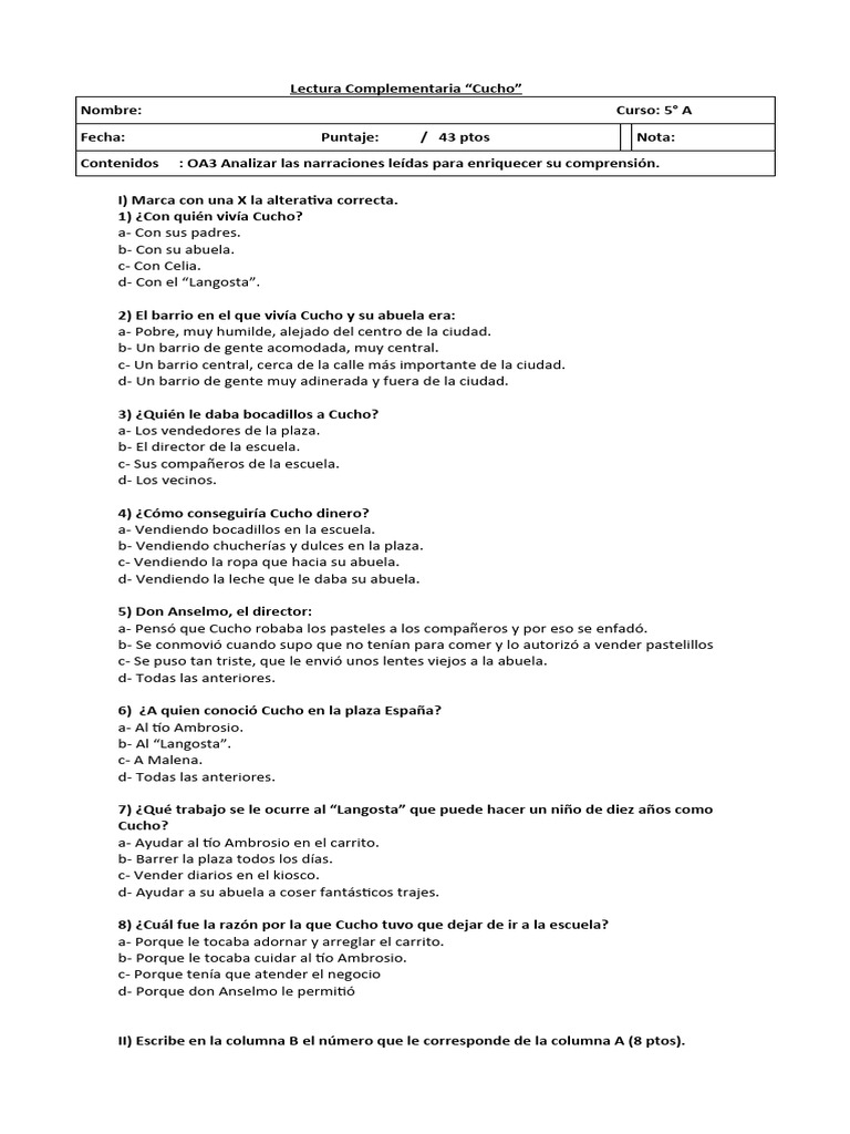 Prueba de lectura "Cucho" con respuestas | PDF