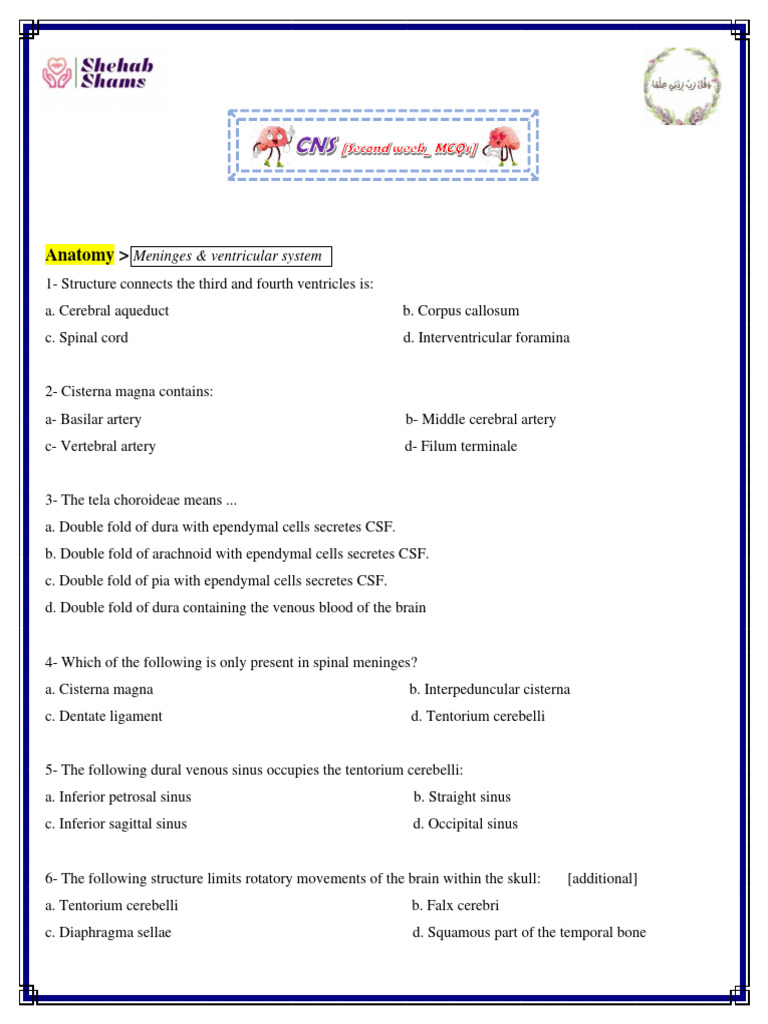 Academic Sciences - CNS MCQs Part 2 | PDF | Myelin | Cerebrospinal Fluid Academic Sciences - CNS MCQs Part 2 | PDF | Myelin | Cerebrospinal Fluid