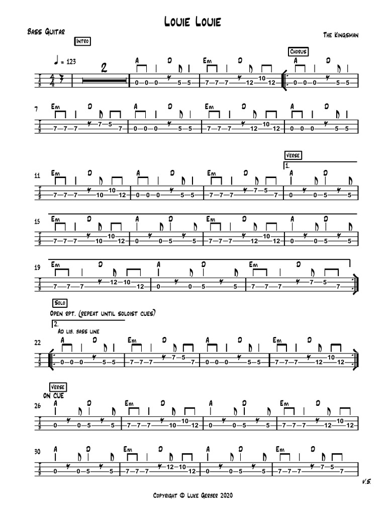 Louie Louie - BASS TAB | PDF | Musical Forms | Popular Music