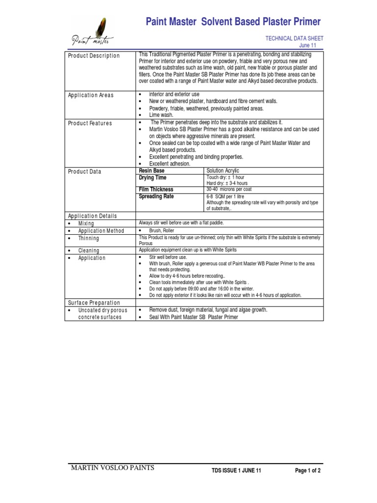 Paint Master Plaster Primer - TDS | PDF | Paint | Plaster