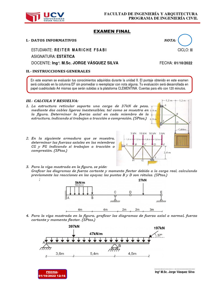 Examen Final - Estatica REITER MARICHE | PDF