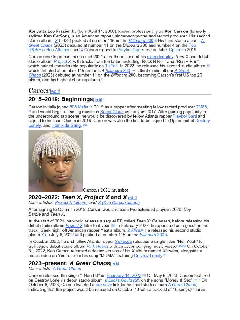 Ken Carson: Biography and Career Highlights | PDF