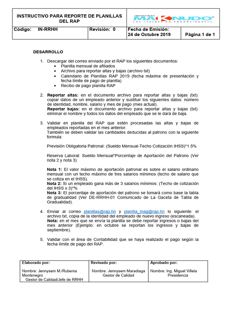 In-RRHH-02 Instructivo de Planillas RAP (Rev.0) | PDF | Economias