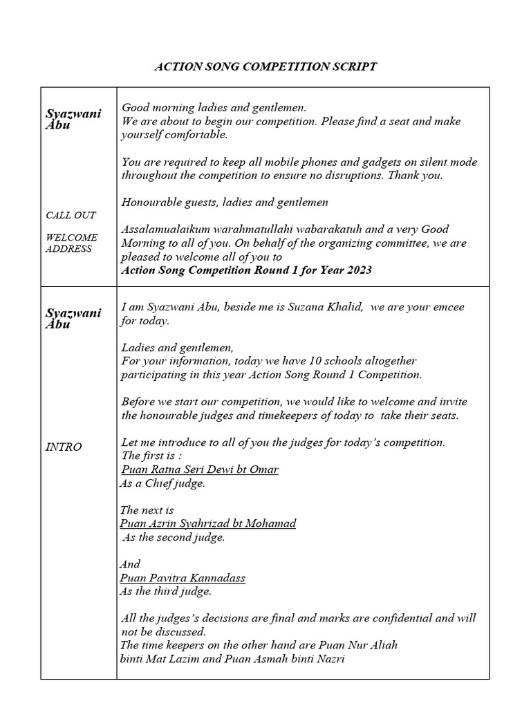 Emcee Script ACTION SONG | PDF