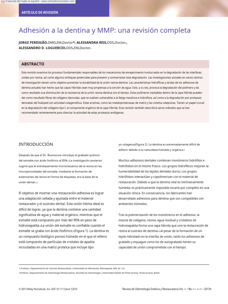 Dentin Adhesion and MMPs A Comprehensive Review - En.es | PDF