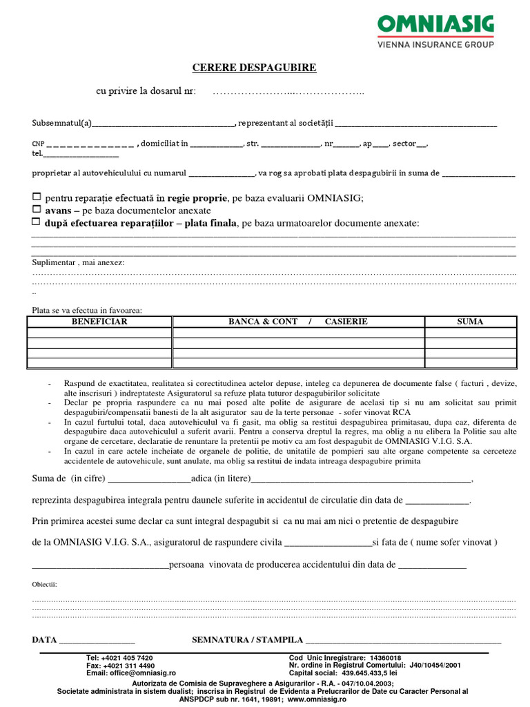 OMNIASIG-MODEL-NOU-Cerere - Despagubire NECOMPLETATA | PDF