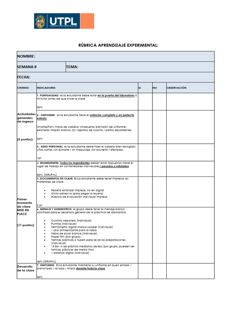 RÚBRICA DE EVALUACIÓN DE PRÁCTICA, cocina 1 | PDF