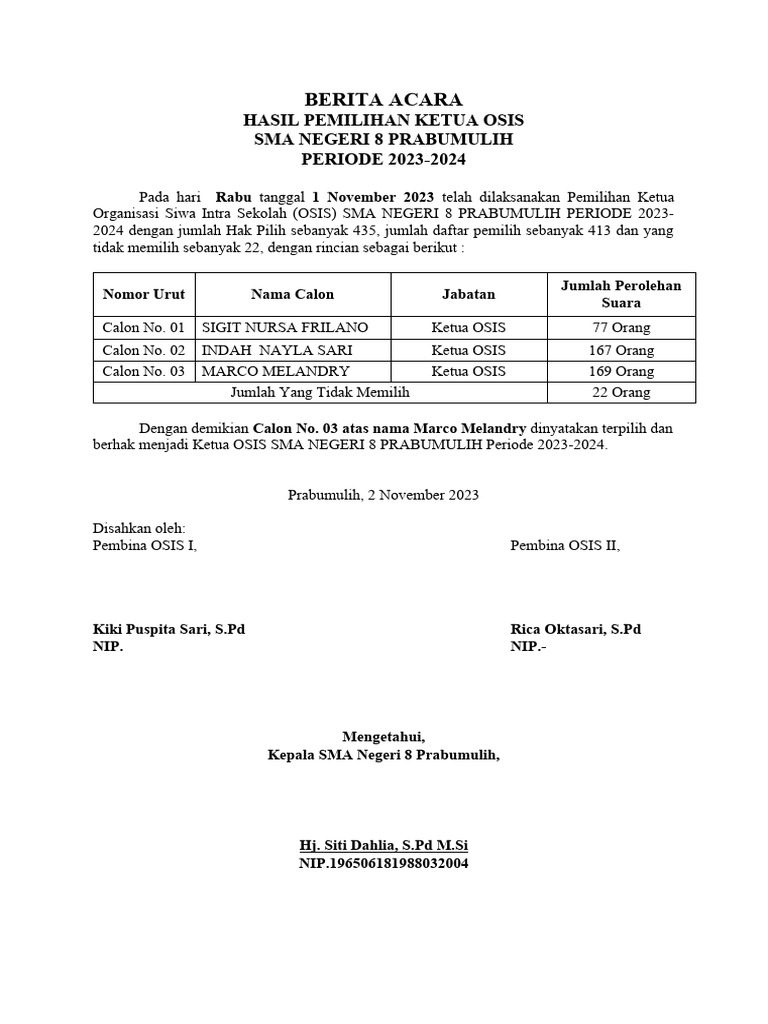Berita Acara Kpu Osis | PDF