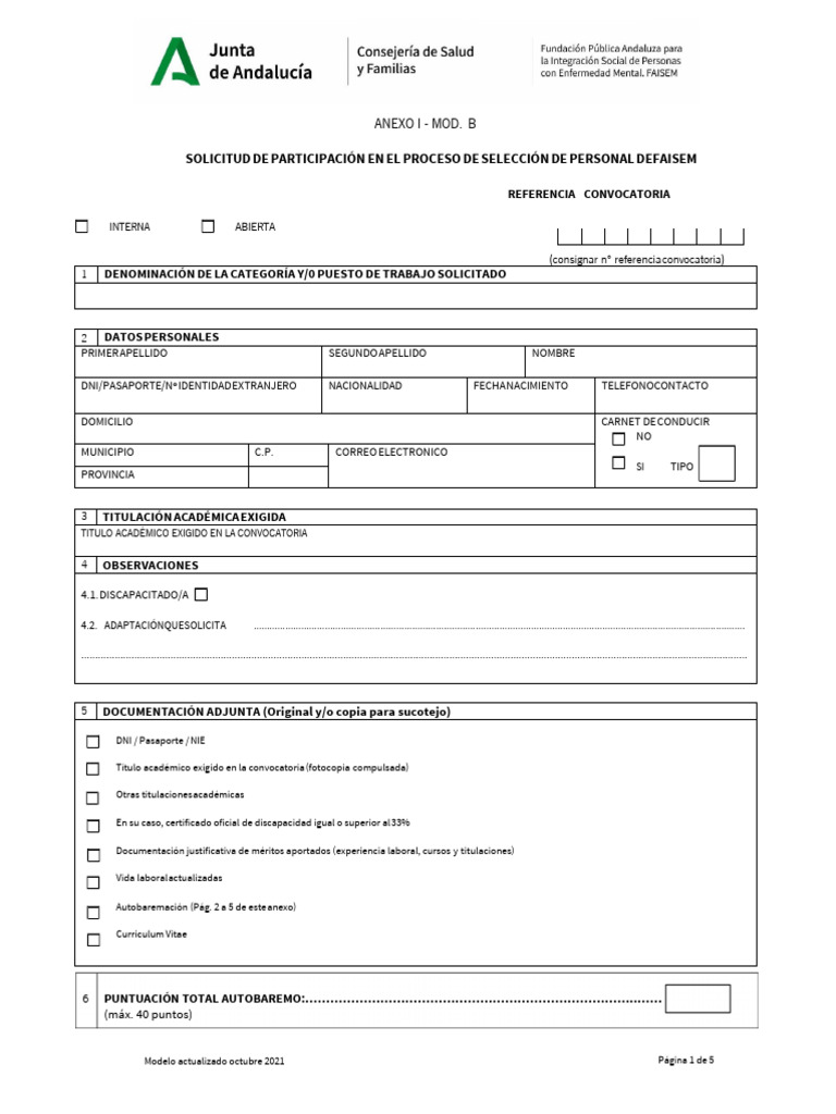 MOD. B SOLICITUD Y AUTOBAREMACION ANEXO I MOD B Actualizado 1 | PDF