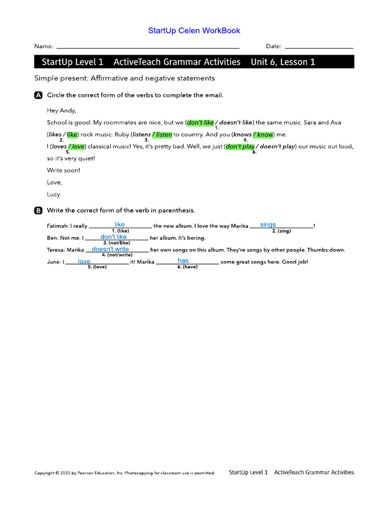 StartUp Level 1 ActiveTeach Grammar Activities Unit 6, Lesson 1 | PDF