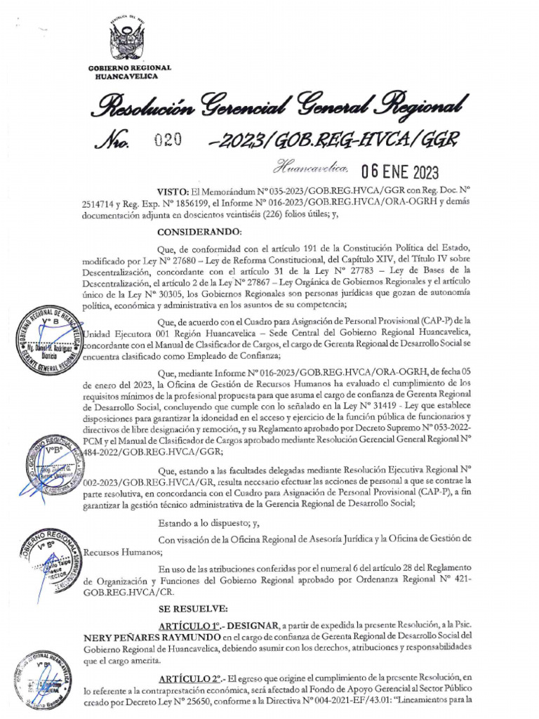 RGGR 020-2023.gob - Reg.hvca - GGR 6.01.2023 y CV de Nery Peñarez | PDF
