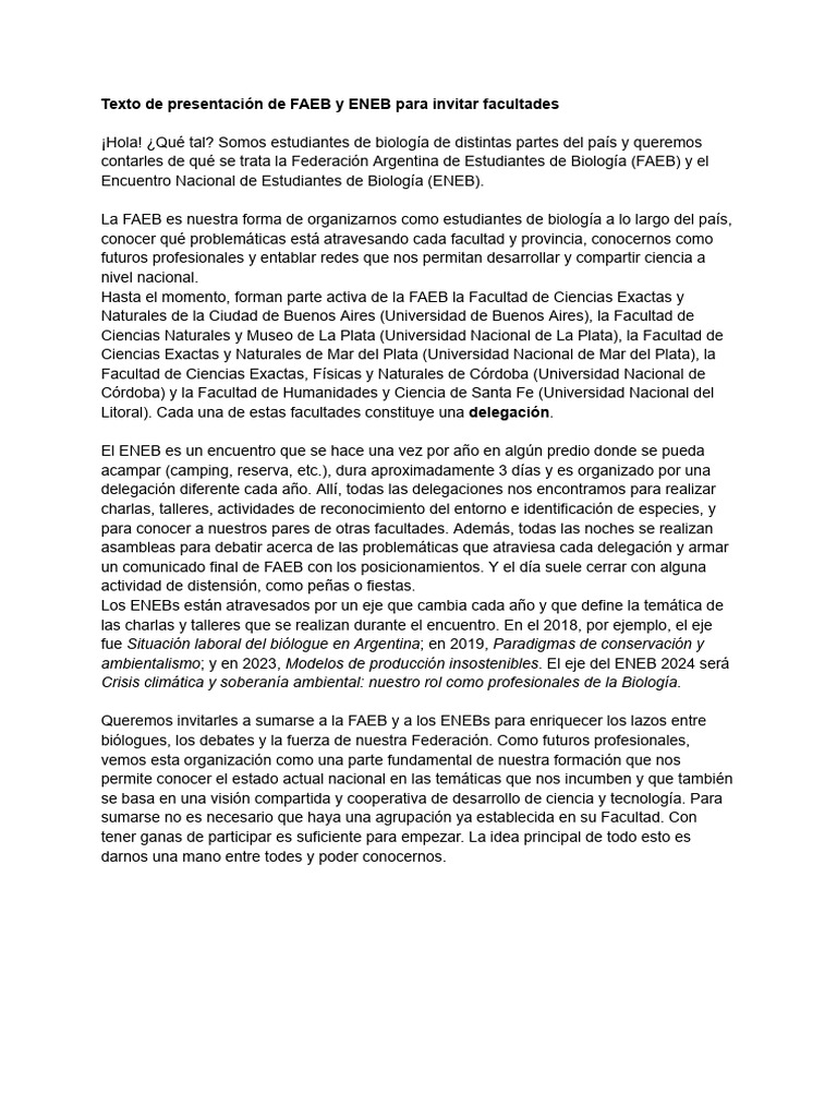 Texto de Presentación de FAEB y ENEB para Invitar Facultades | PDF
