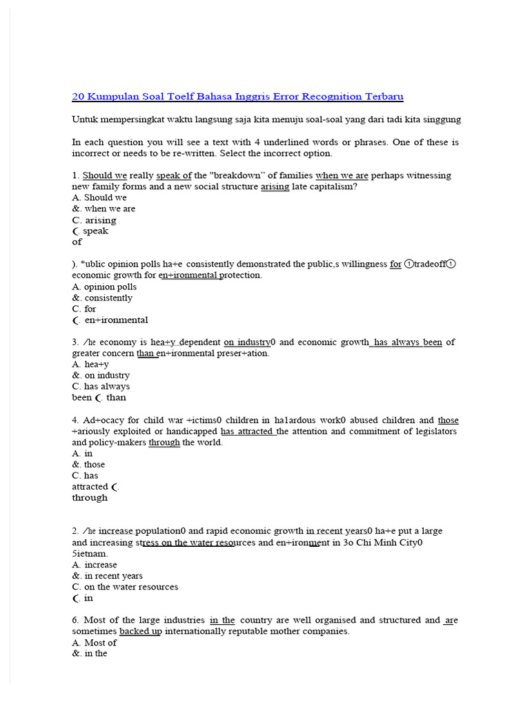 20 Kumpulan Soal Toelf Bahasa Inggris Error Recognition Terbaru | PDF