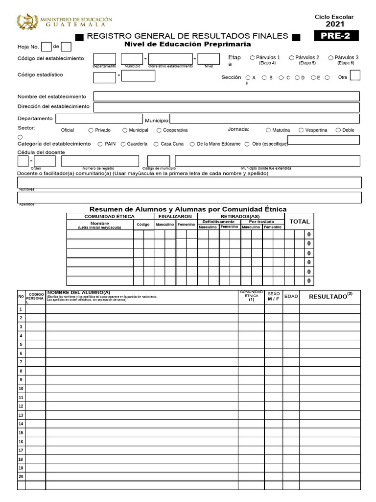 Cuadros Prim de Preprimaria | PDF