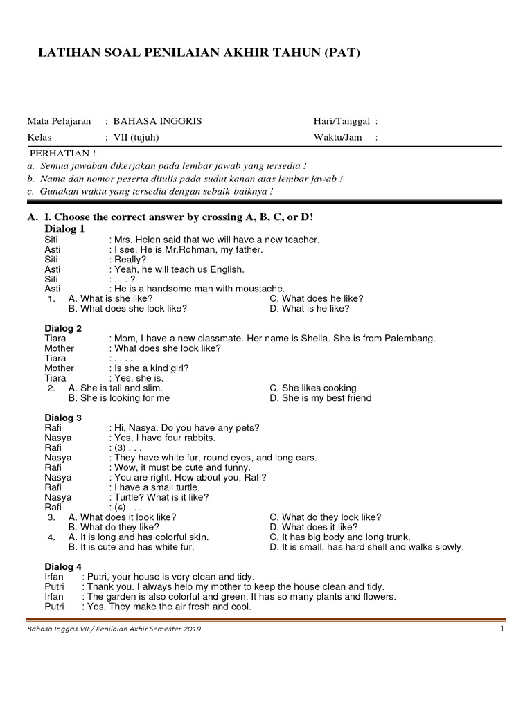 Latihan Soal Pat Bahasa Inggris Vii | PDF