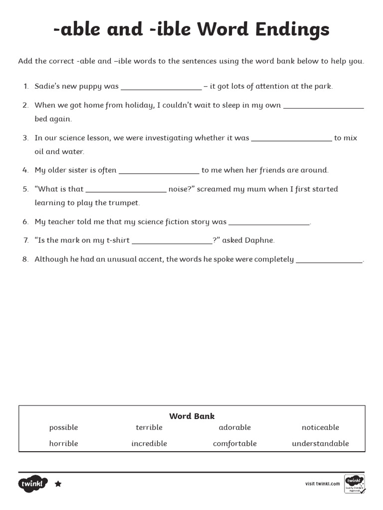 Able and - Ible Word Endings Differentiated Activity Sheets | PDF ...